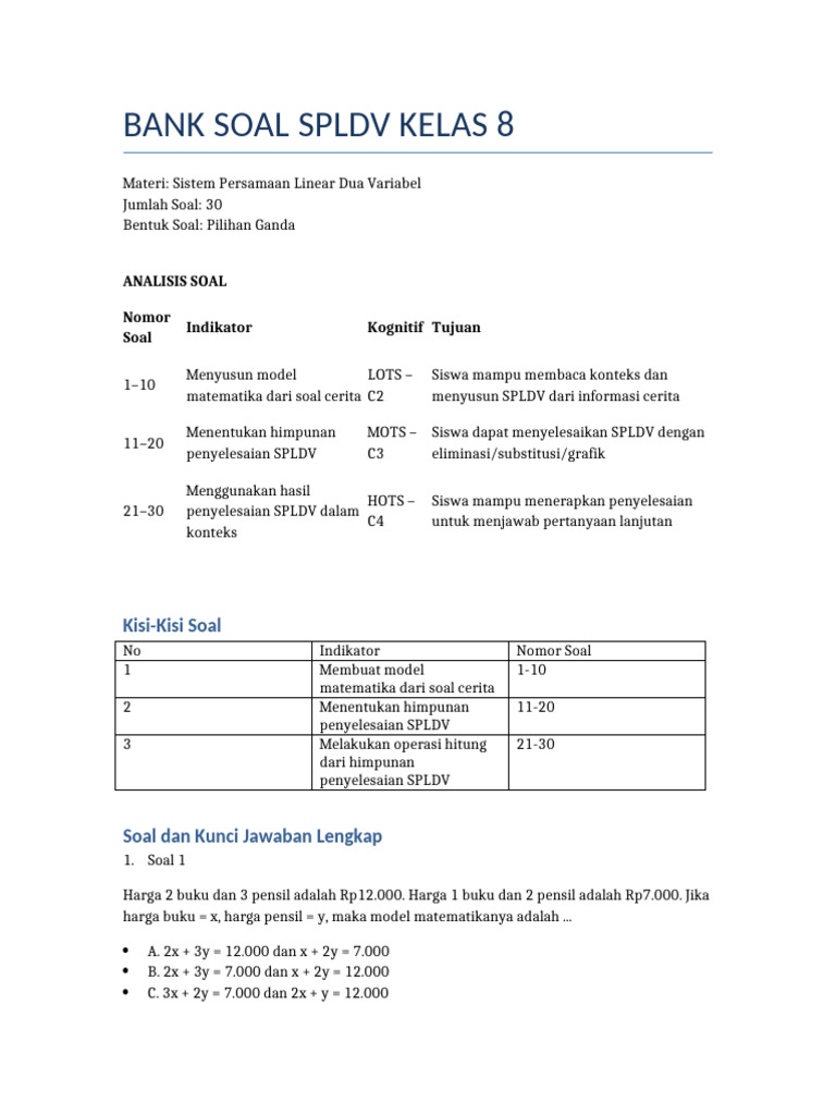 Bank Soal SPLDV Kelas 8 FINAL | PDF