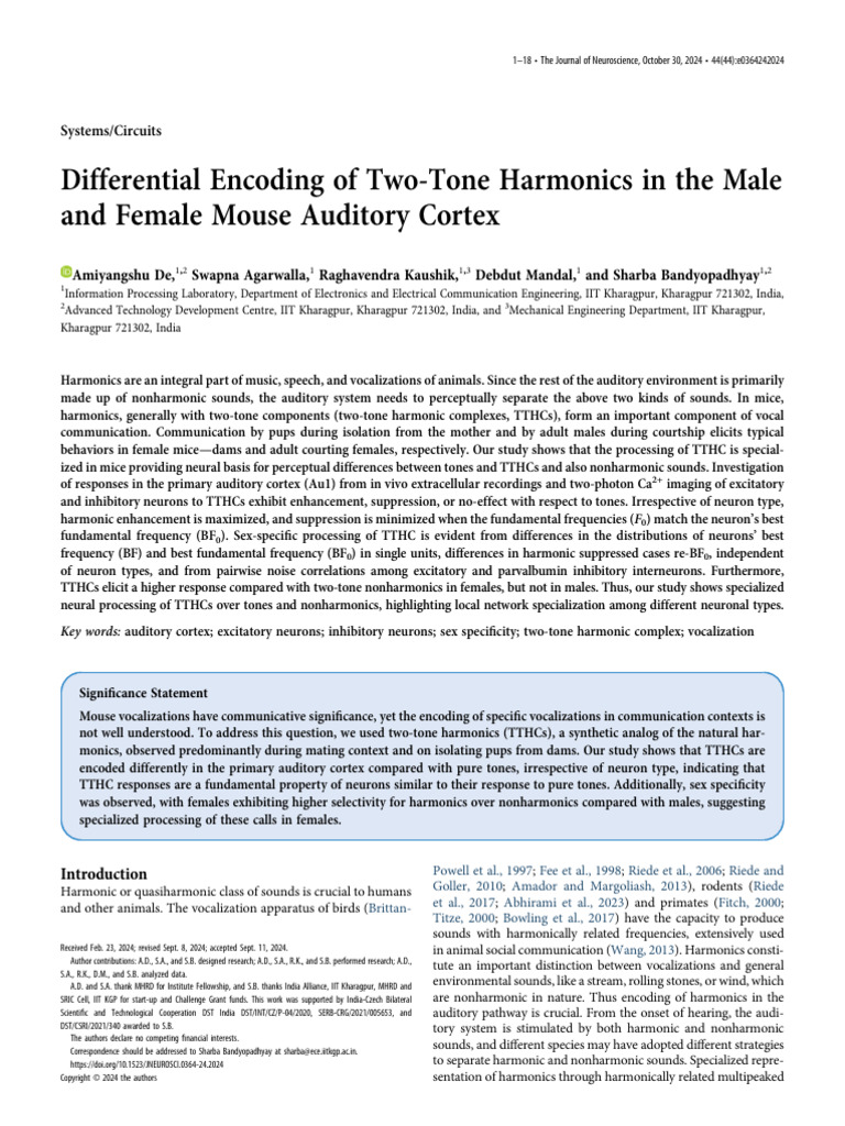 differential encoding of two-tone harmonics in the male and female mouse auditory cortex | PDF ...