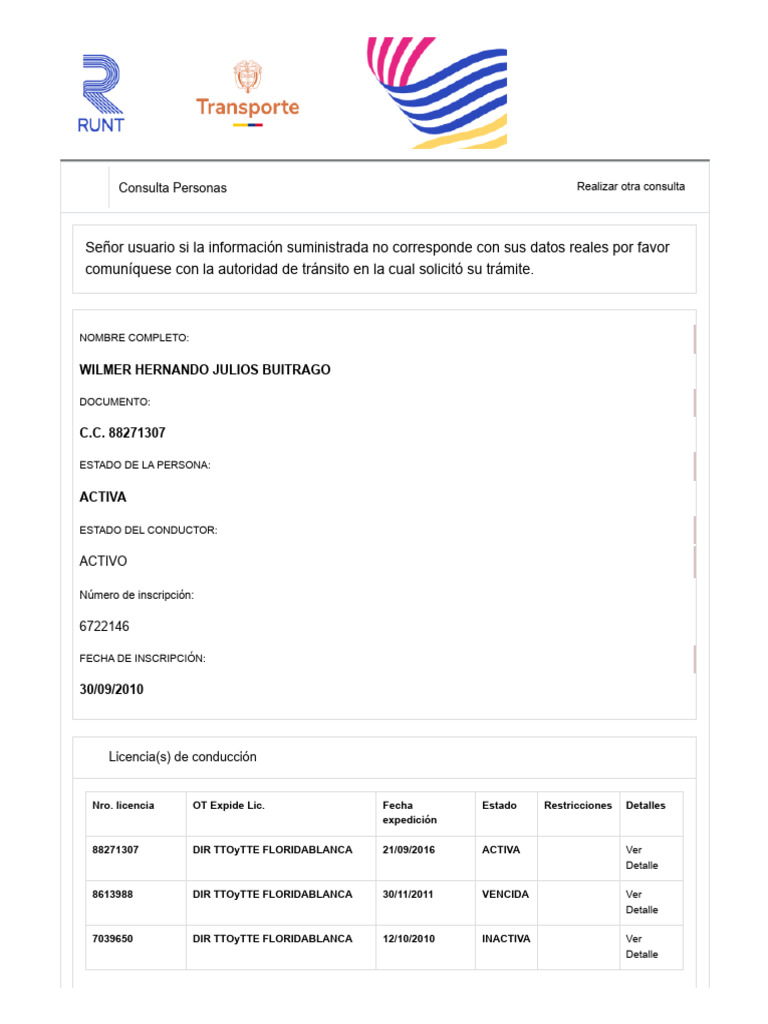 Consulta Ciudadano - RUNT | PDF