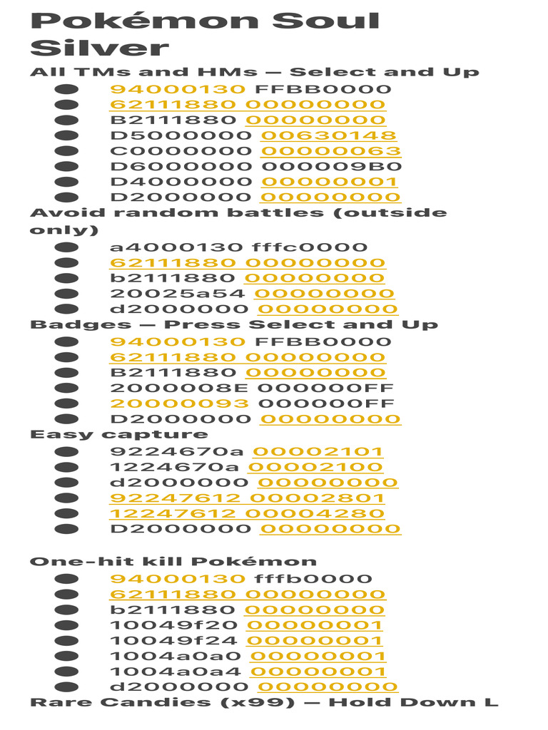 Pokémon Soul Silver Cheat Codes Guide | PDF | Pokémon | Characters Created