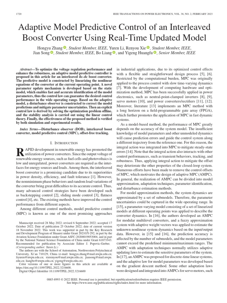 Adaptive Model Predictive Control of An Interleaved Boost Converter Using Real-Time Updated ...