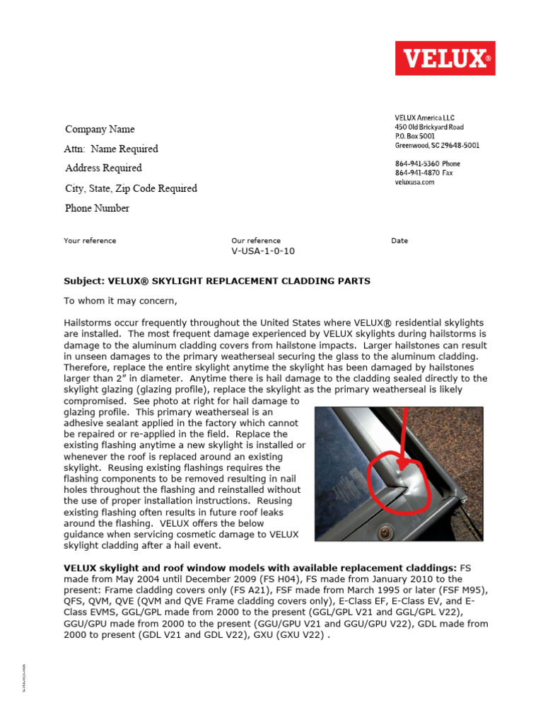 VELUX Skylight Cladding Replacement Guide | PDF | Hail | Glass Applications