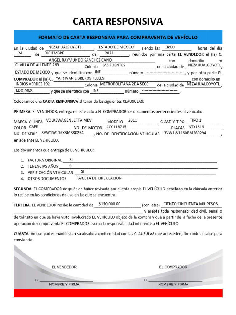 Formato de Carta Responsiva para Compraventa de Vehiculo | PDF | Grupo ...
