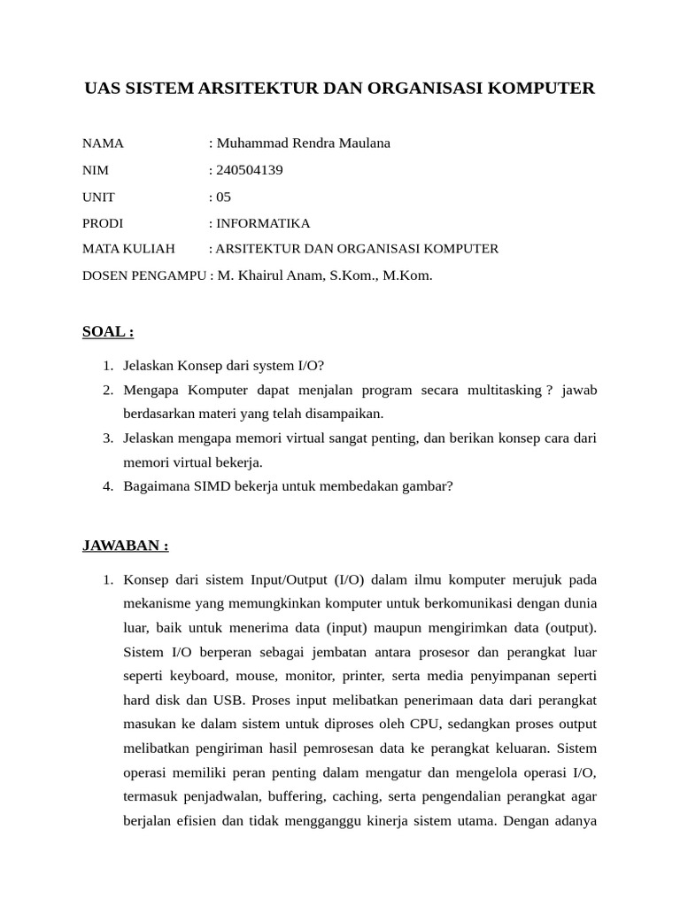 UAS ARSITEKTUR DAN ORGANISASI KOMPUTER - Muhammad Rendra Maulana - 240504139 | PDF