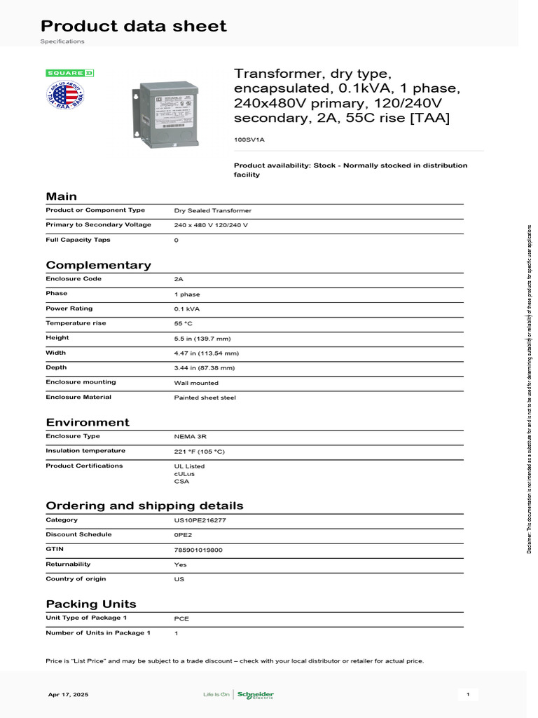 Schneider Electric - Low-Voltage-General-Purpose-Transformers - 100SV1A ...