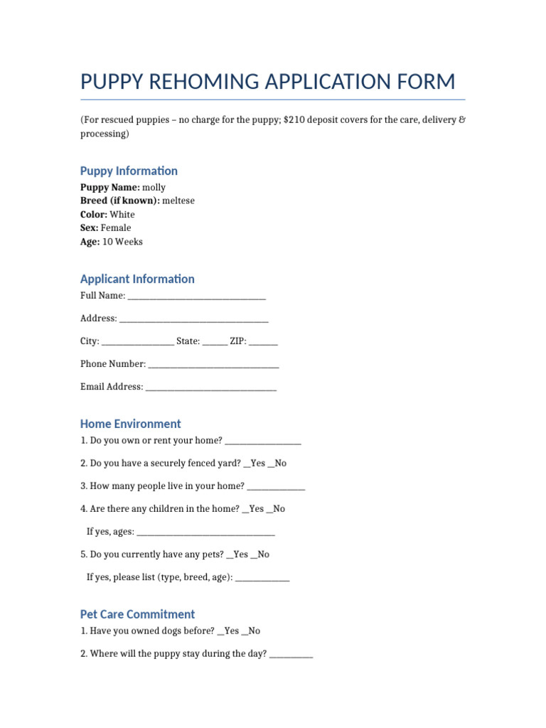 Puppy Rehoming Application Luna | PDF