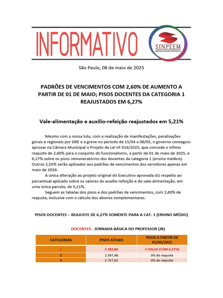 Informativo SINPEEM - Tabelas de Vencimentos - 07052025 | PDF | Salário mínimo