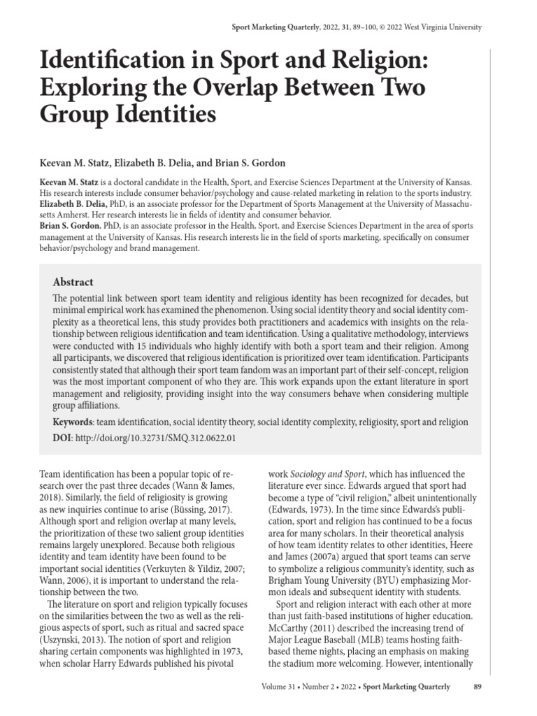 Identifi Cation in Sport and Religion - Exploring The Overlap Between ...