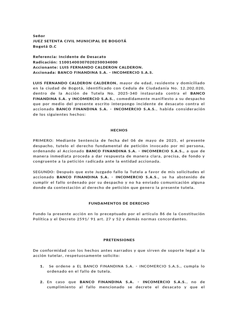Incidente de Desacato contra Banco Finandina | PDF | Gobierno | Justicia