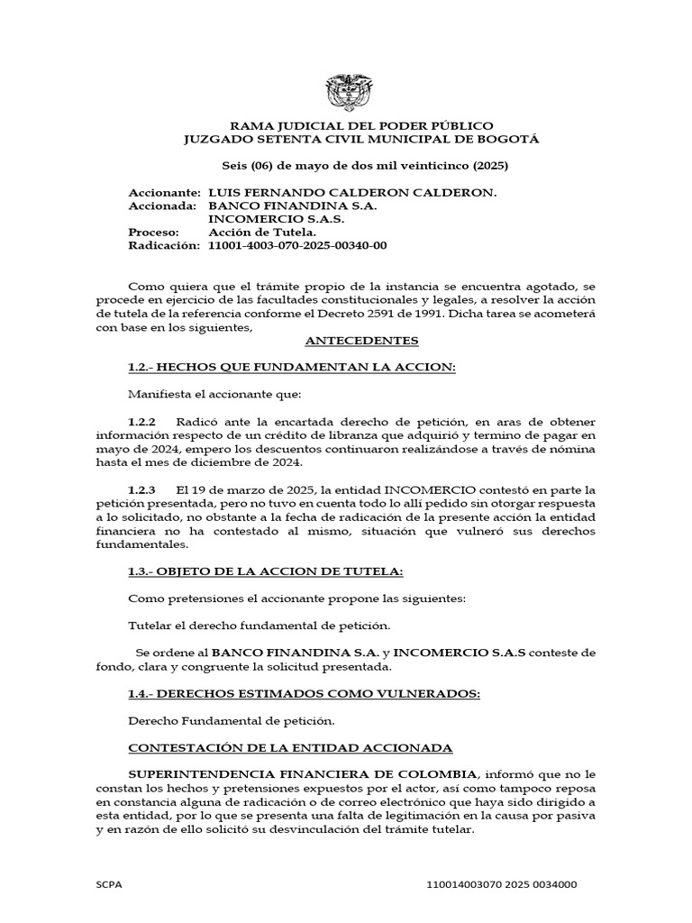2025 00340FalloTutela ConcedePeticion NoContesto | PDF | Petición | Bancos