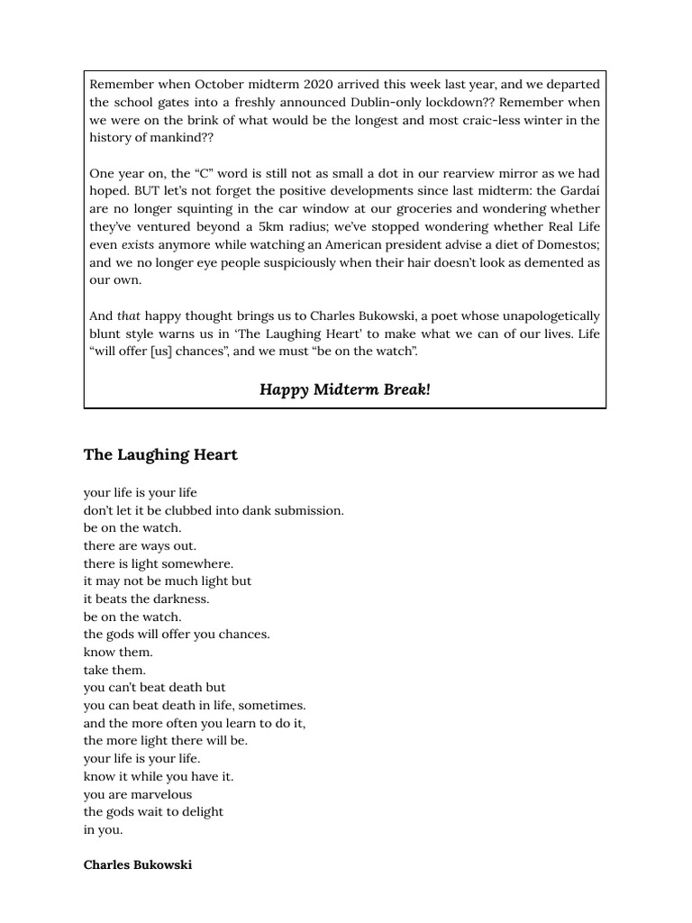 Bukowski's "The Laughing Heart" Reflection | PDF
