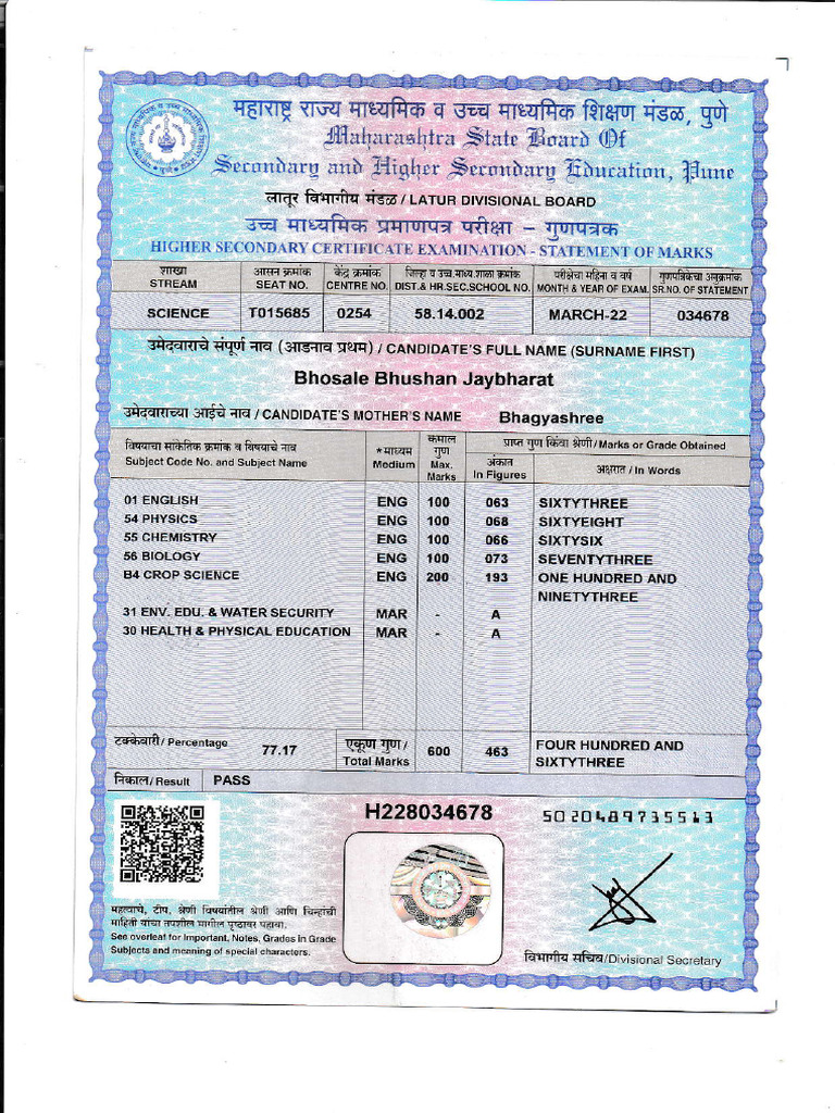 Bhushan Bhosale HSC Marksheet | PDF