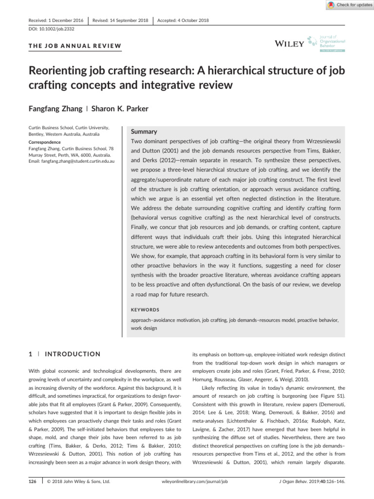 J Organ Behavior - 2018 - Zhang - Reorienting Job Crafting Research A ...