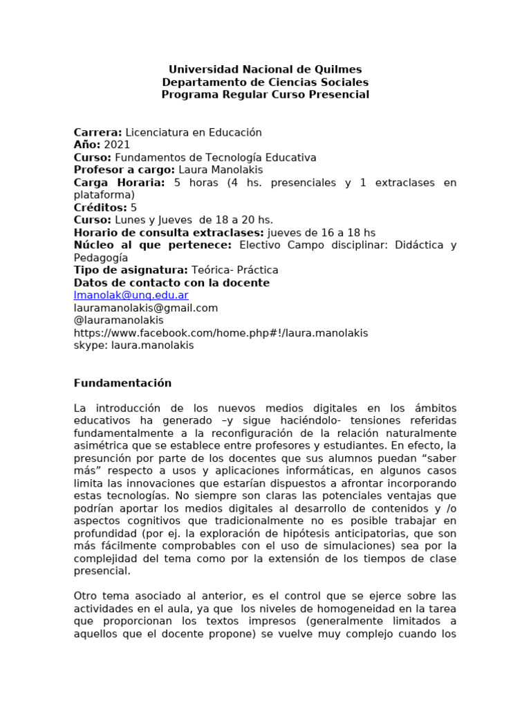 Programa FTE L Manolakis Regulares 2021 | PDF | Maestros | Enseñando