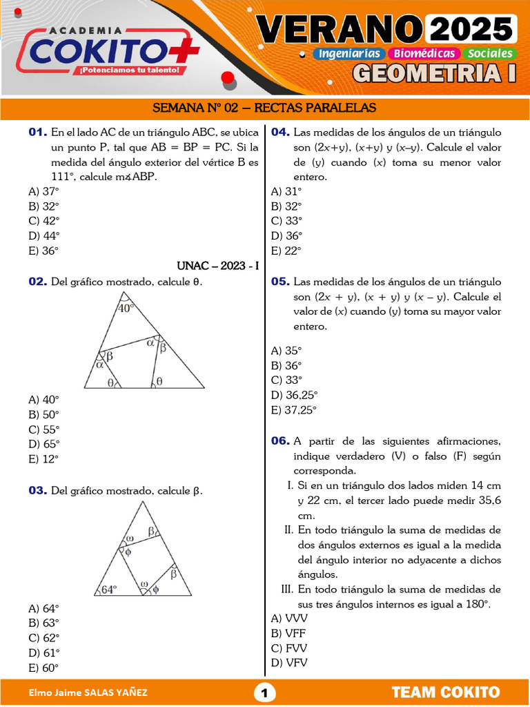 03 NOCHES GEOMETRIA Sem02 Triangulos I 1 | PDF | Triángulo | Ángulo