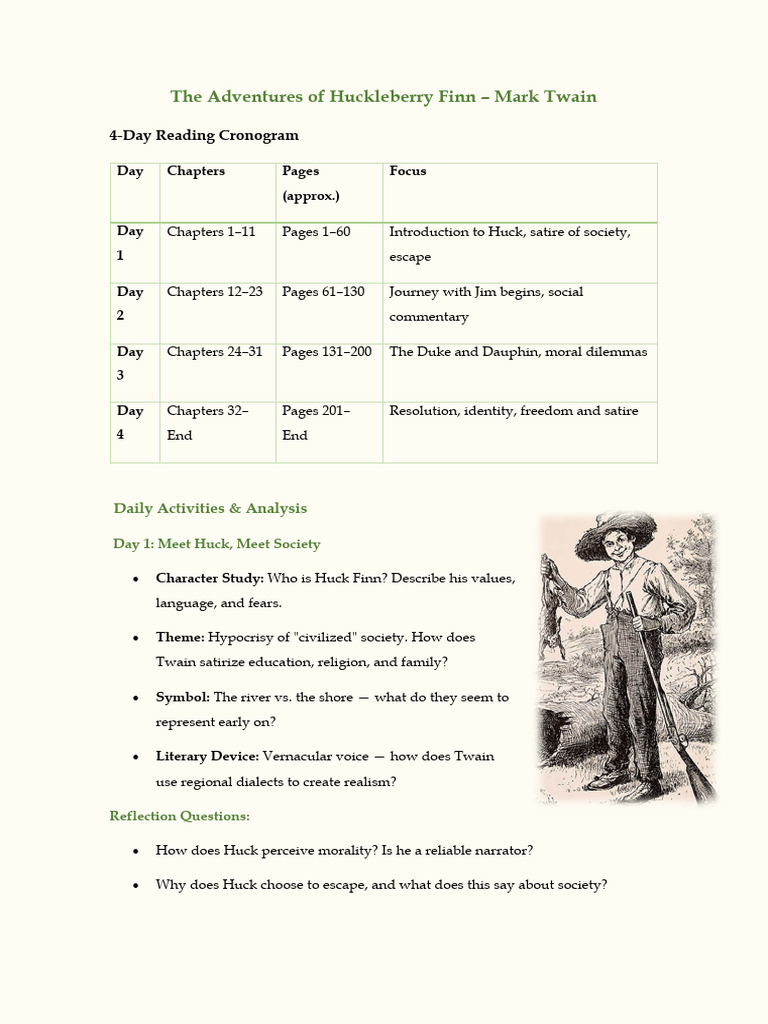 The Adventures of Huckleberry Finn - Reading Guide | PDF | Huckleberry ...