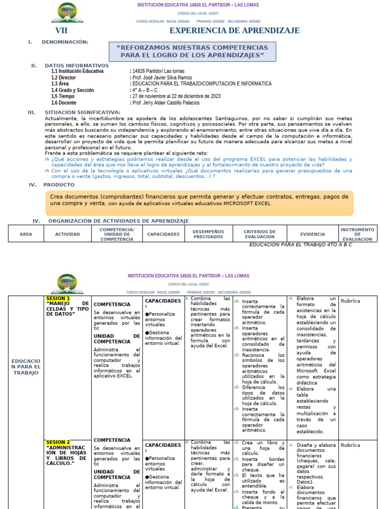 Experiencia 07 4ºabc Ept Computacion | PDF | Microsoft Excel | Hoja de cálculo