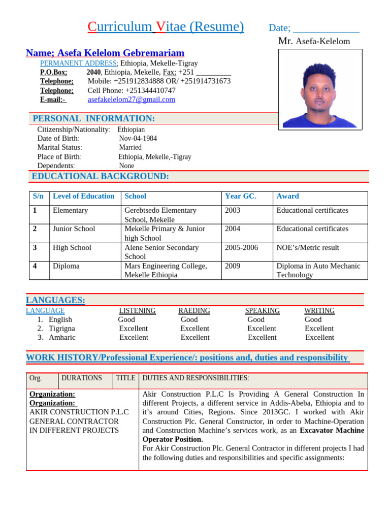 Gebrmaryam Asefa Kelelom - Excavator-Operator - Resume | PDF | Driver's License