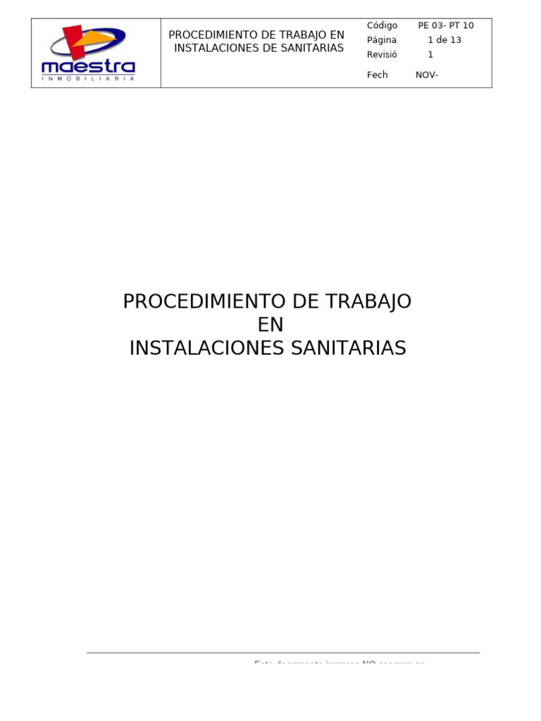 Procedimiento de Trabajo en Instalaciones Sanitarias | PDF | Hormigón | Tubería (transporte de ...