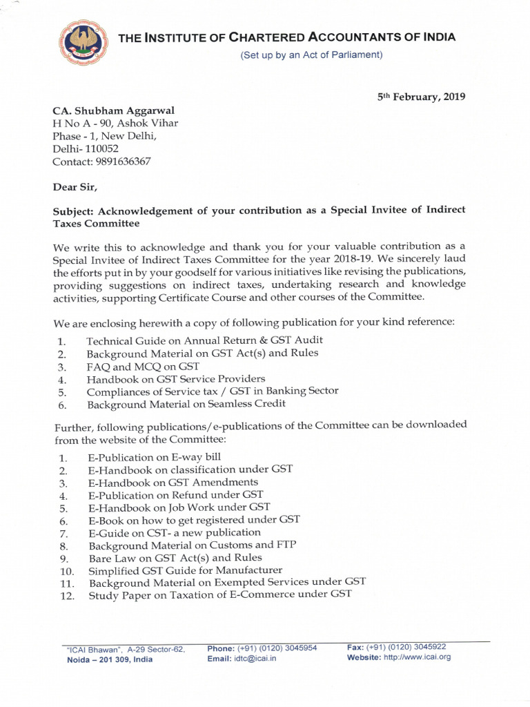 ICAI_Acknowledgement of Contribution in Indirect Tax Committee | PDF