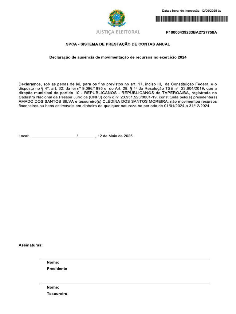 Declaracao Spca 2024 Taperoá | PDF