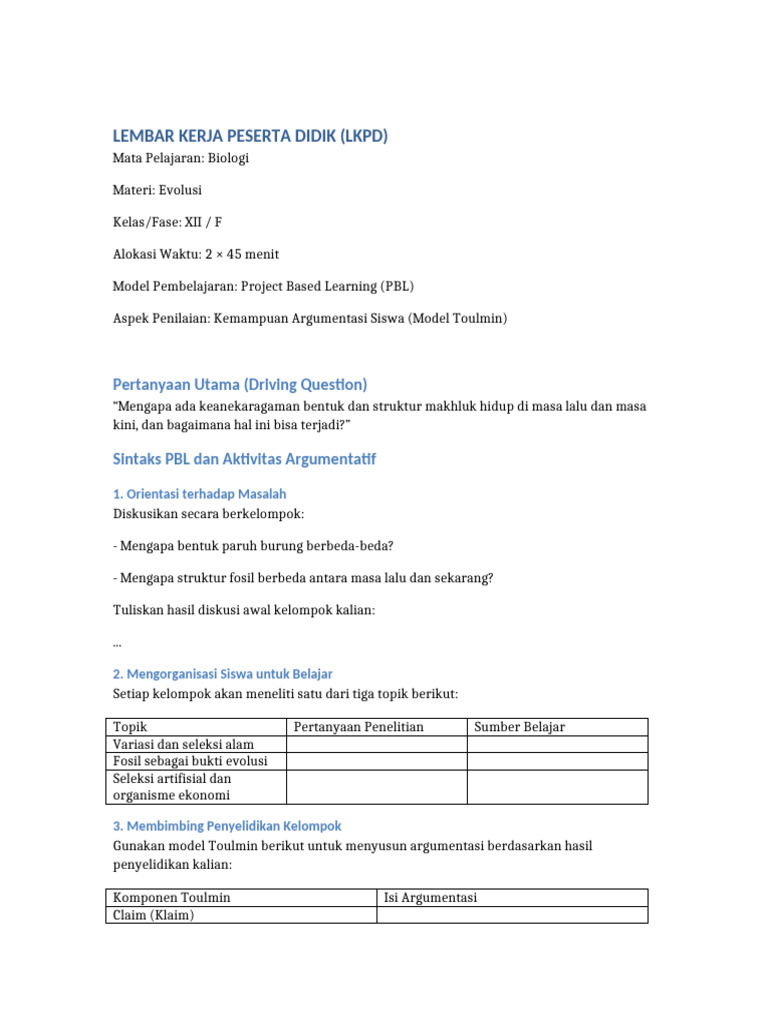 LKPD Evolusi PBL Toulmin RPP Final | PDF