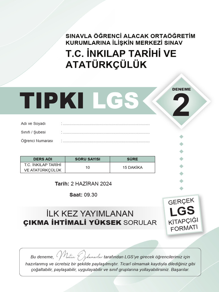 Metin Özdamarlardan - Tıpkı LGS - 2 - 2024 | PDF