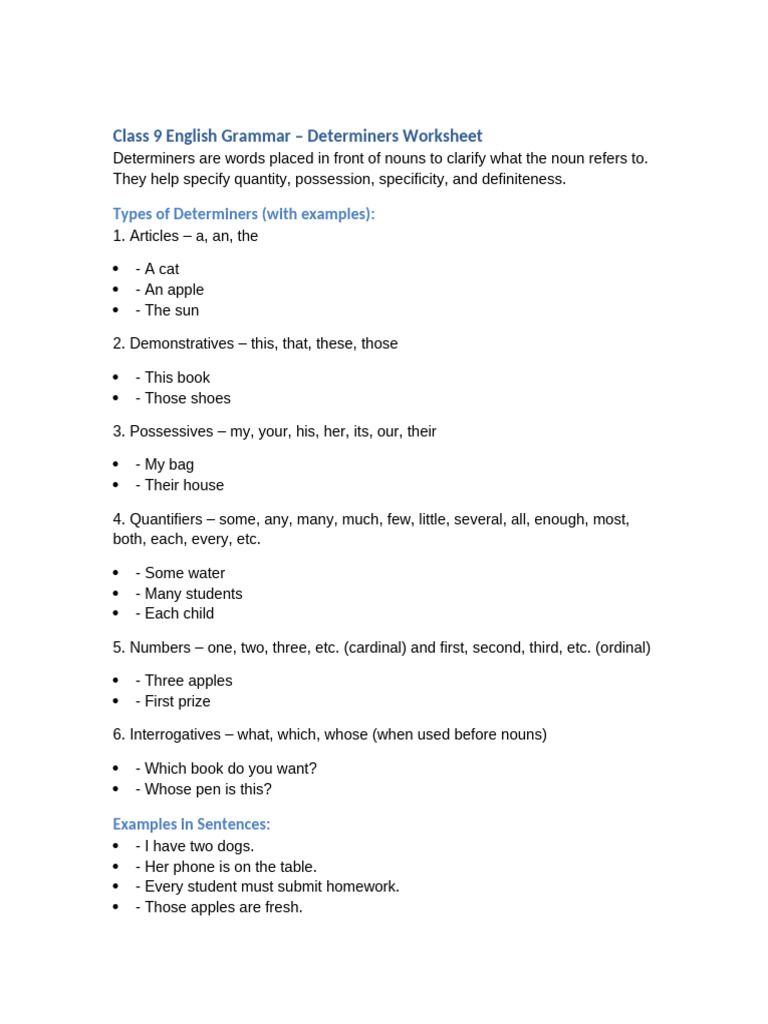 Class 9 Determiners Worksheet | PDF