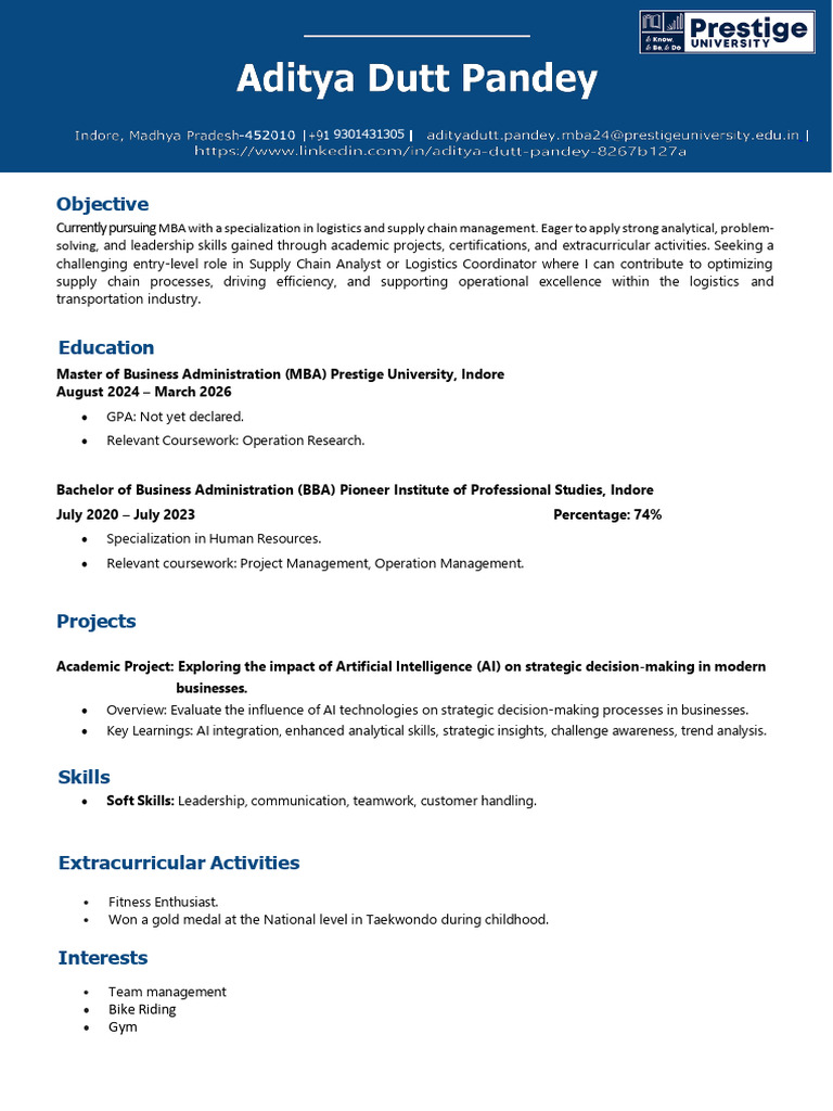 Aditya Dutt Pandey BDI Corizo MBA (24-26) | PDF