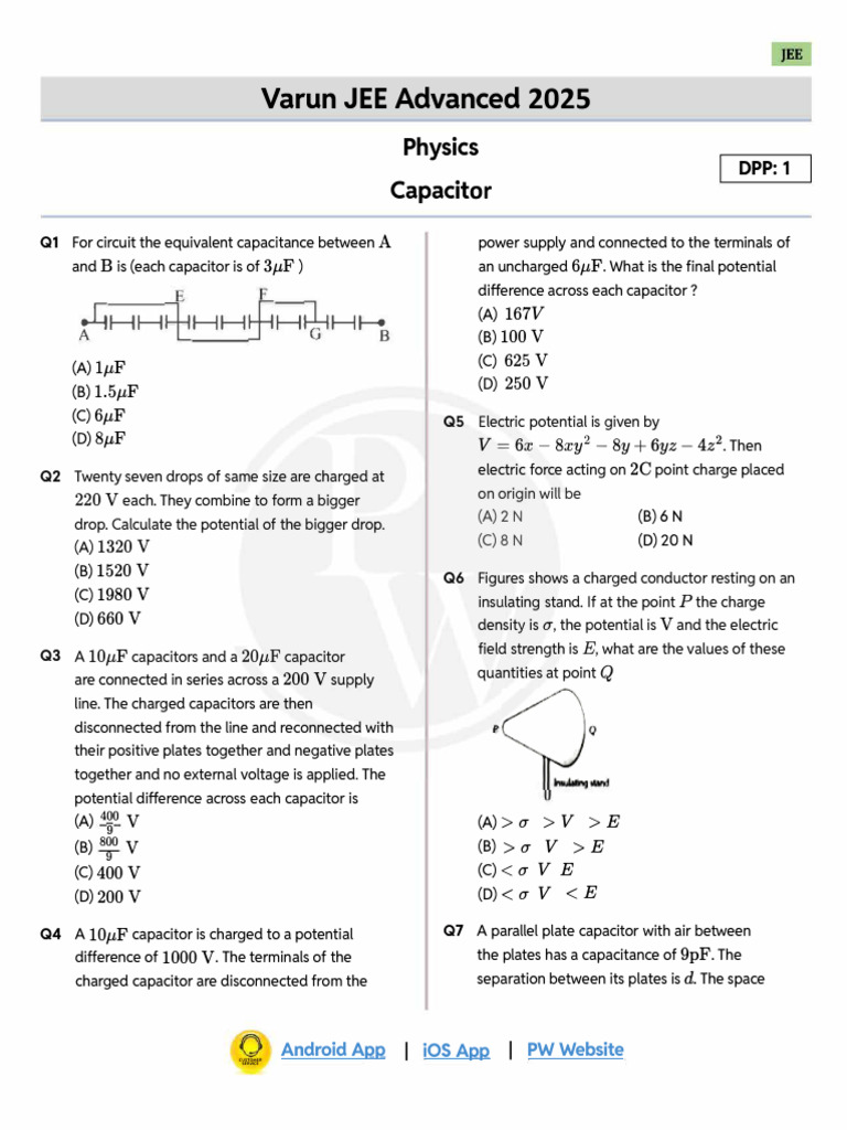 Capacitor - DPP 01 (Of Lec 02) - Varun JEE Advanced 2025 | PDF | Capacitor | Capacitance