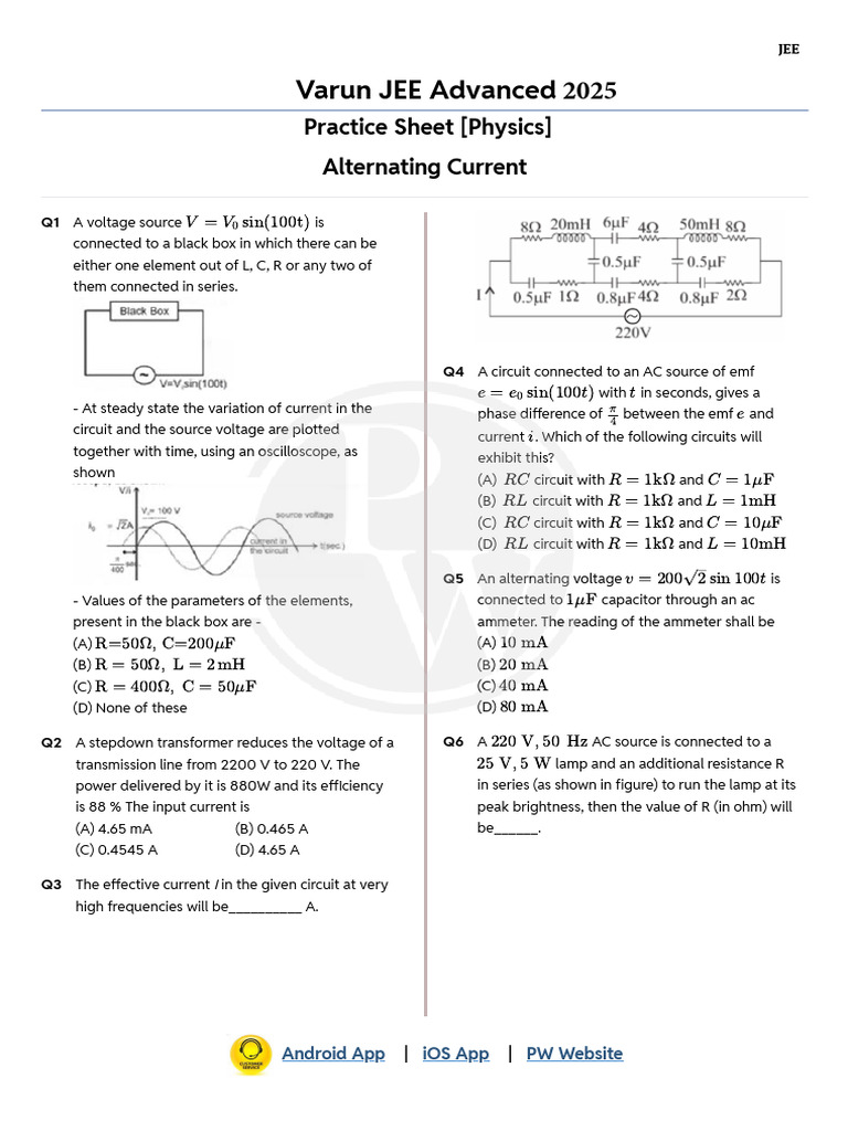 Alternating Current - Practice Sheet - Varun JEE Advanced 2025 | PDF | Inductor | Transformer