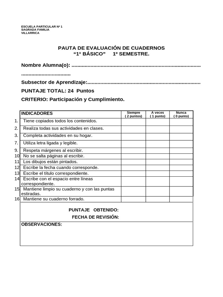 Pauta Evaluacion Cuadernos | PDF