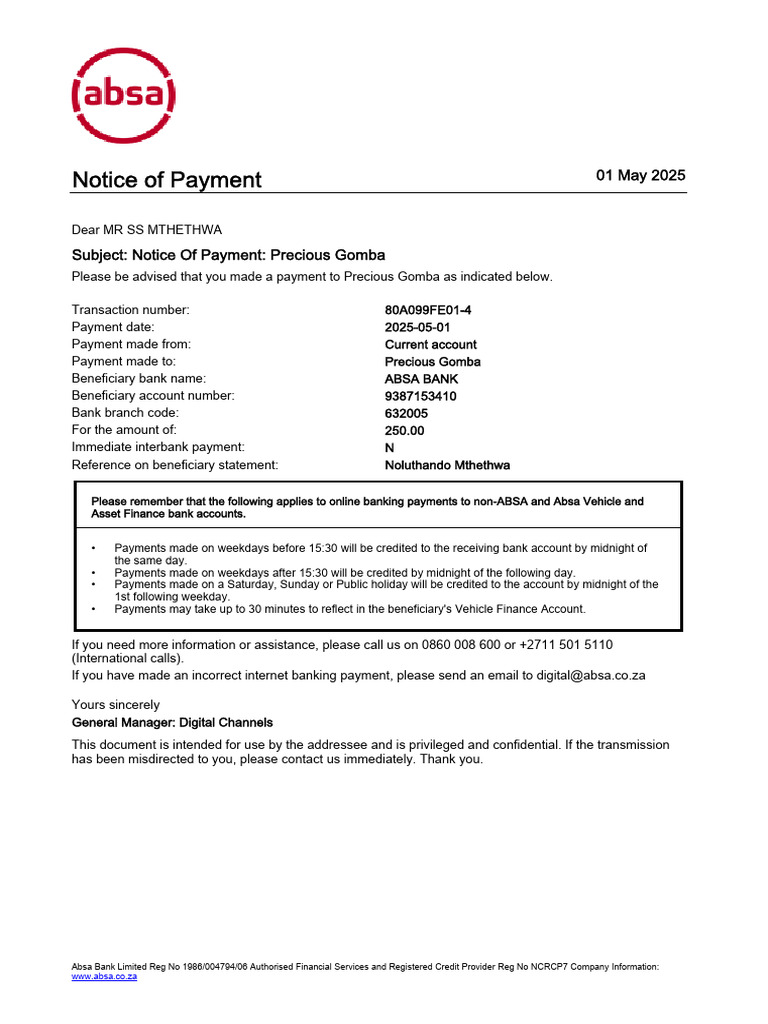Absa Payment Notice for Precious Gomba | PDF