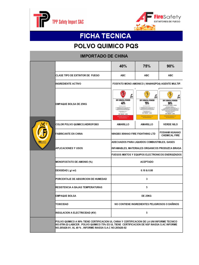 TPP Safety Import Ficha Tecnica PQS Polvo Quimico Abril 2024 PDF | PDF
