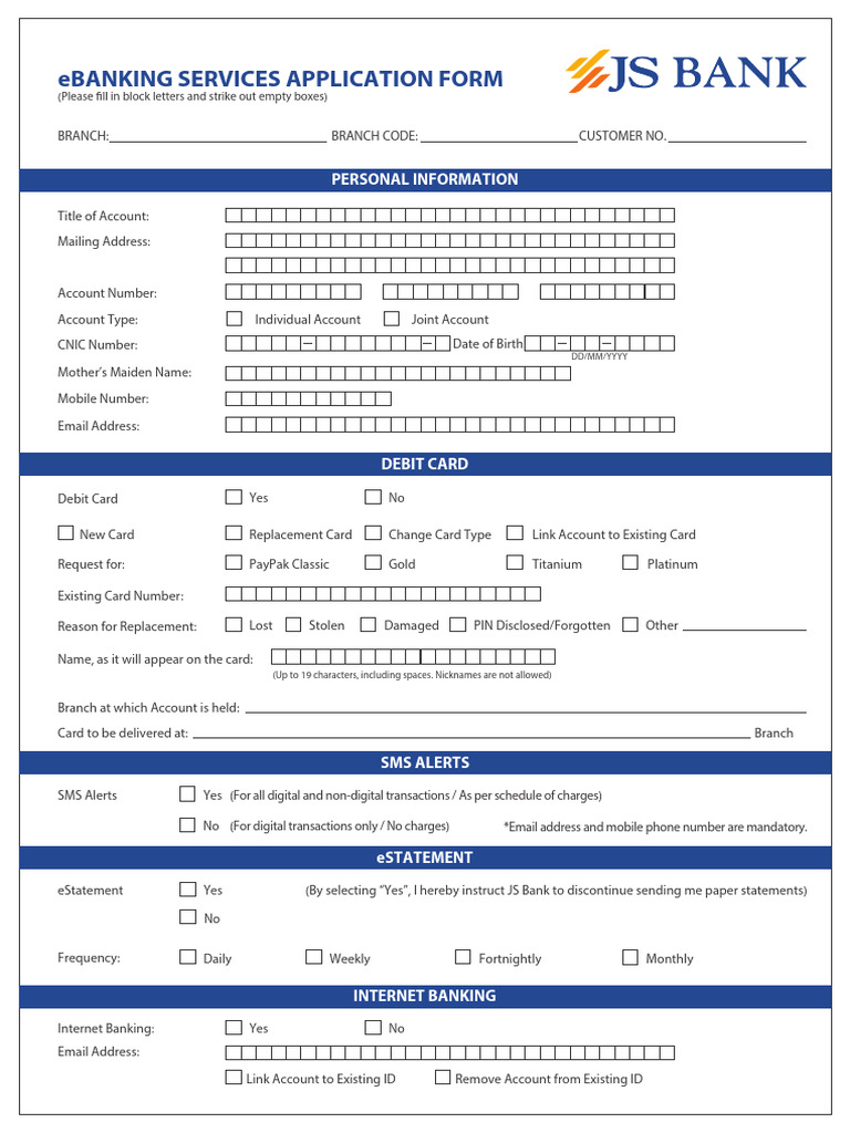 JS Bank Debit Card Application Form | PDF | Indemnity | Debit Card