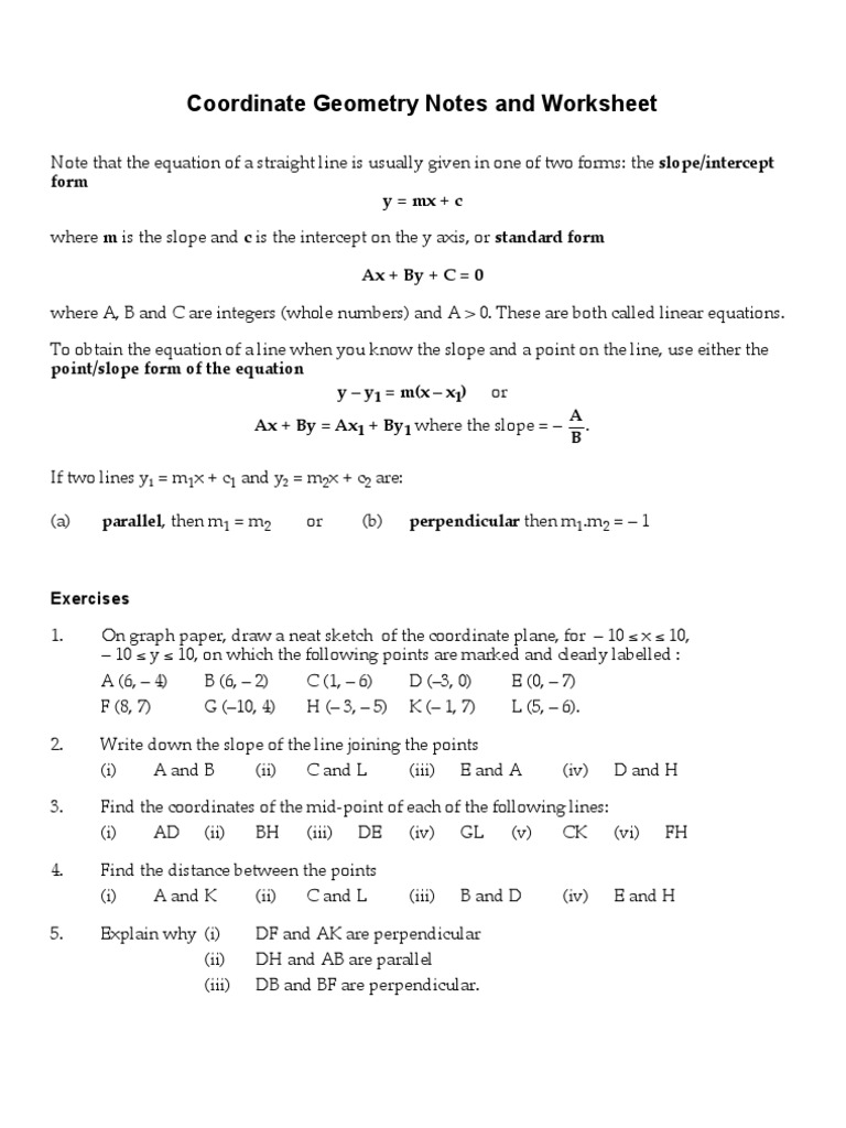 Coordinate Geometry Notes & Exercises | PDF | Line (Geometry) | Algebra
