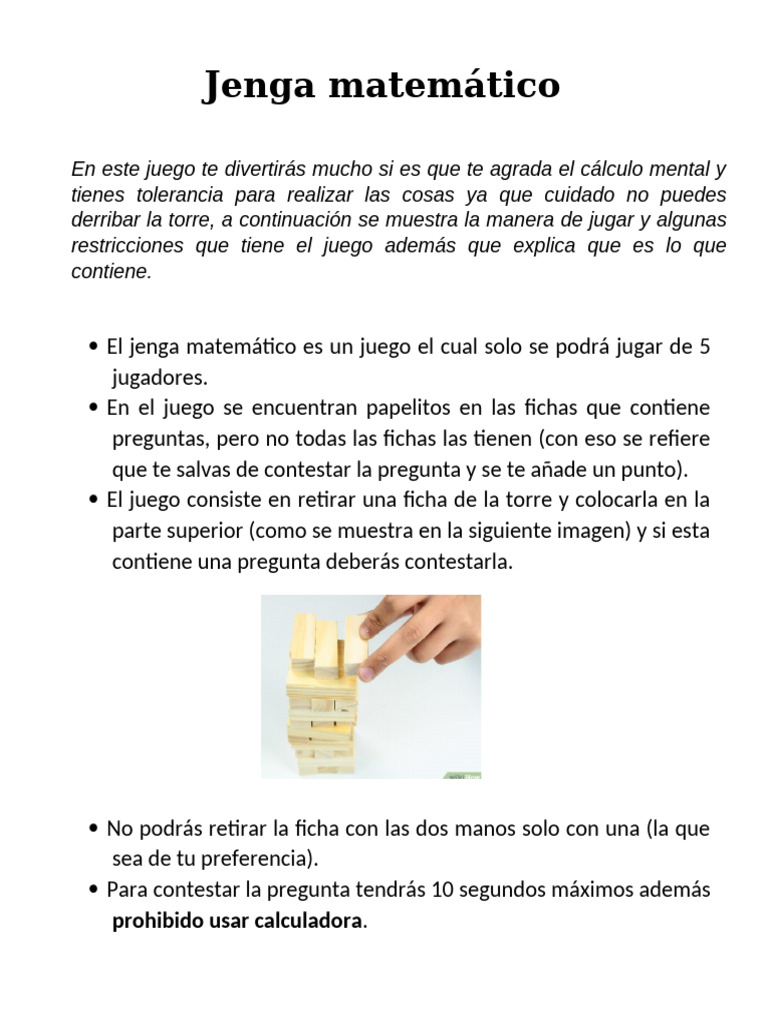 Jenga Matemático: Instrucciones y Reglas | PDF