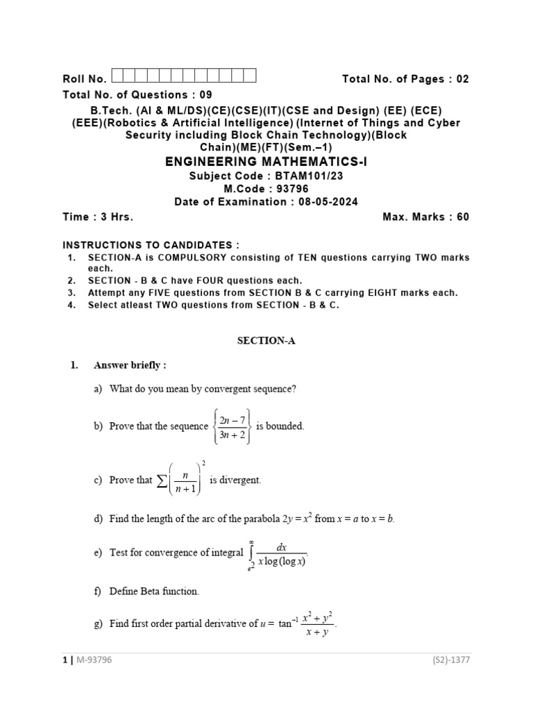 Maths-1 May 2024 PTU Question Paper With Solution | PDF | Mathematics ...
