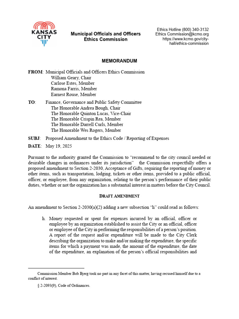 Memo FM Ethics Comm N To Council Committee Re Amending The Code - Final ...