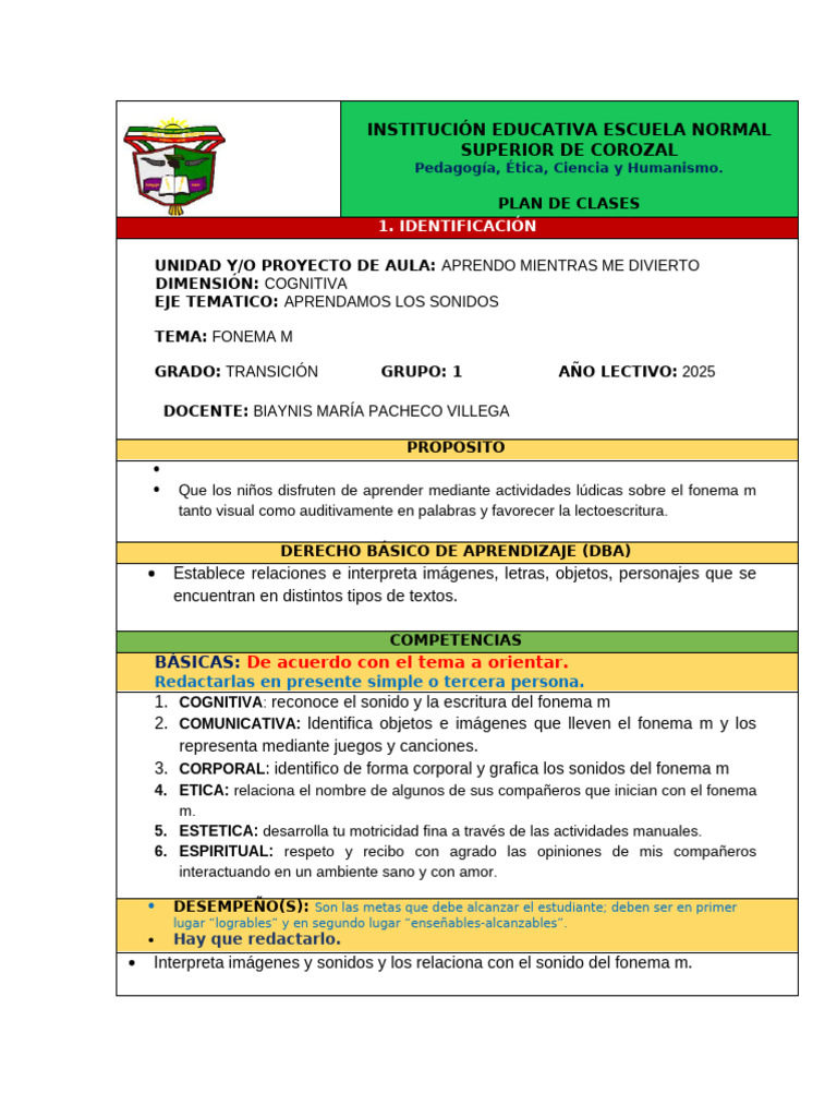 Plan de Clase Fonema M | PDF | Aprendizaje | Cognición