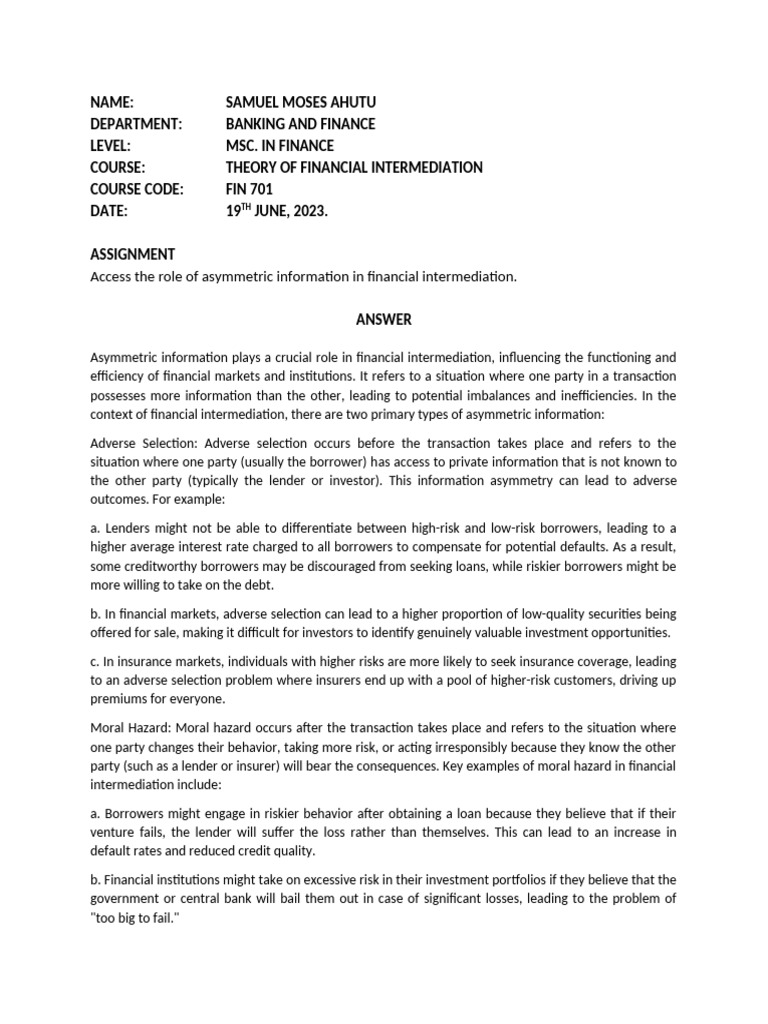 Asymmetric information role in financial intermediation | PDF | Adverse ...