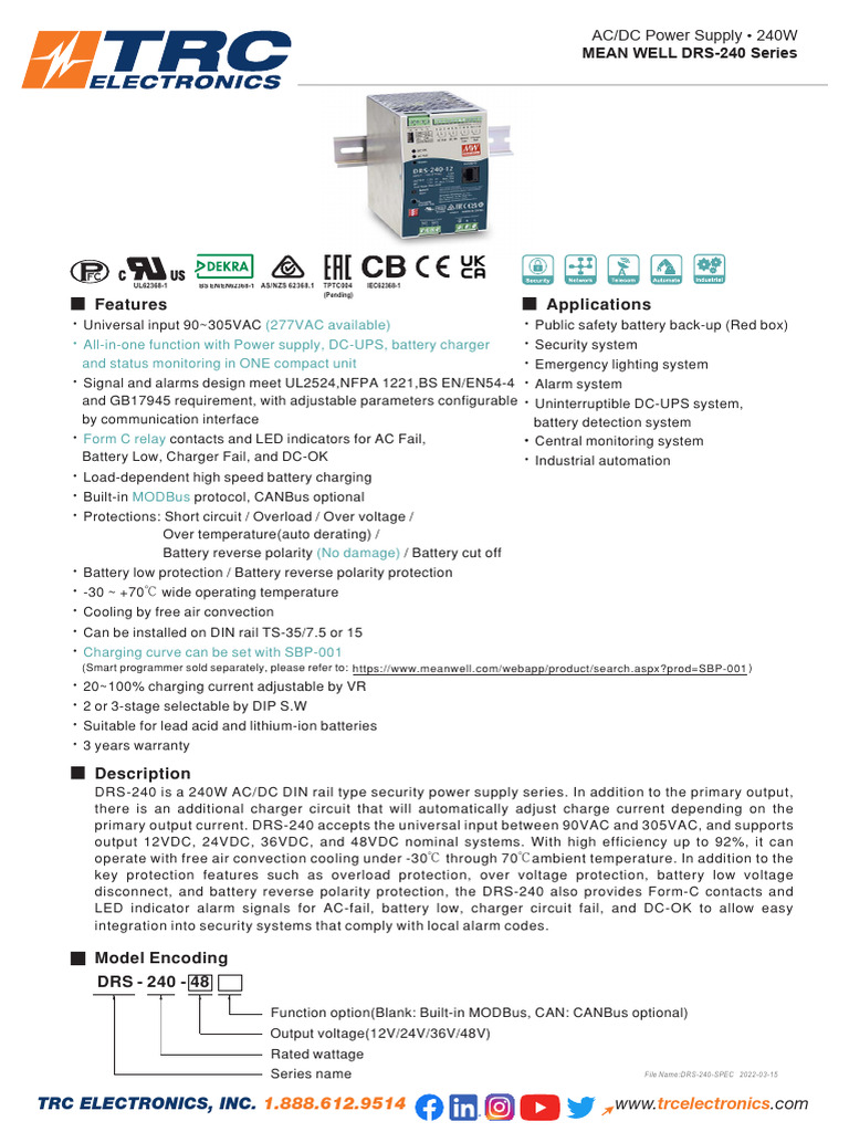 datasheet trc electronics - drs240 | PDF | Relay | Battery Charger