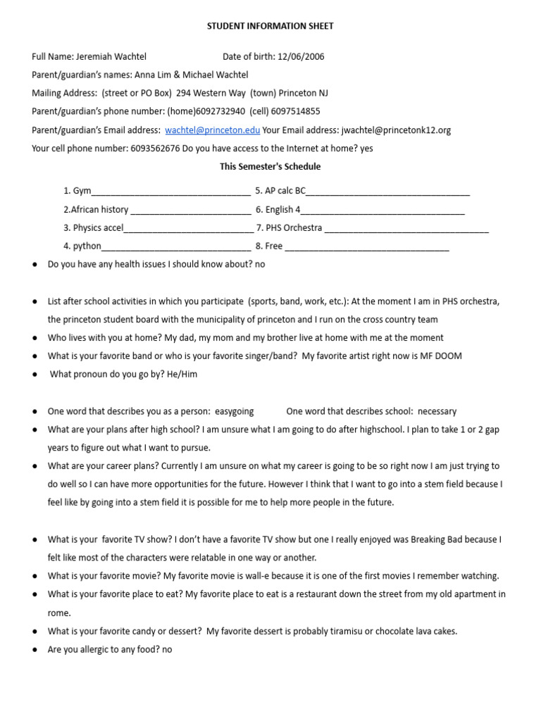 Getting To Know You Information Sheet | PDF