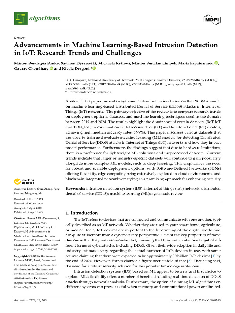 algorithms-18-00209 | PDF | Denial Of Service Attack | Machine Learning