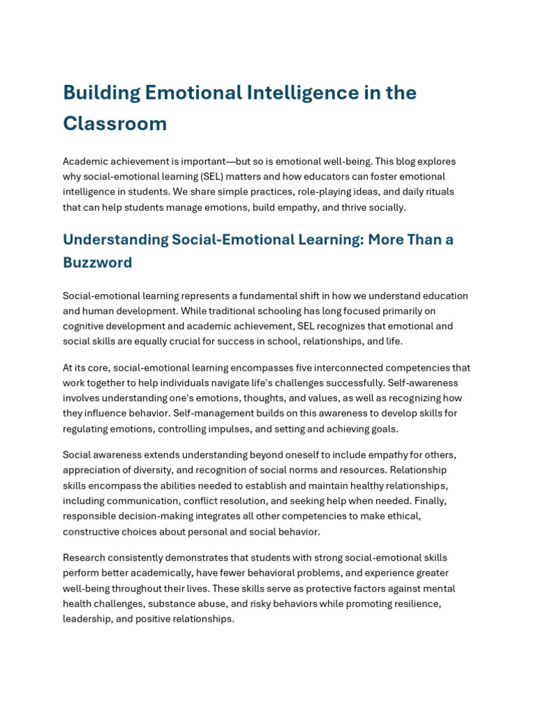Building Emotional Intelligence in The Classroom | PDF | Learning | Empathy
