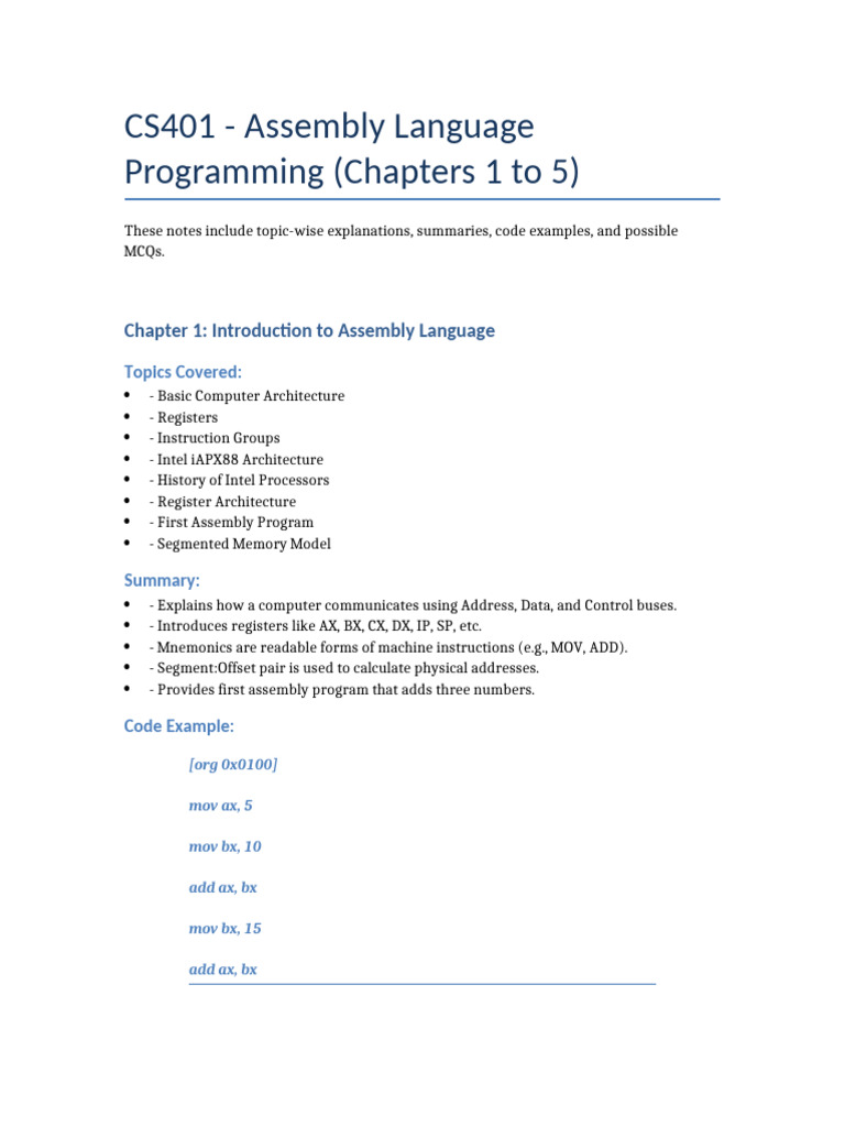 CS401 Assembly Notes Ch1 To Ch5 | PDF | Assembly Language | Office ...