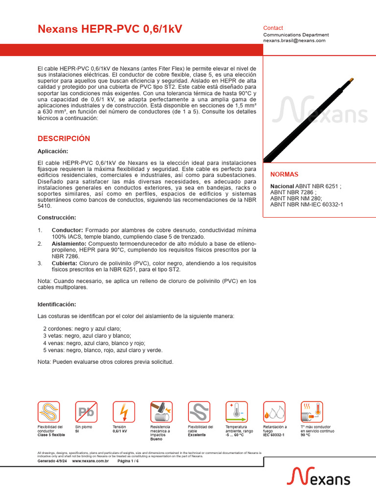 Cable Nexans HEPR-PVC 0,6/1kV | PDF | Conductor electrico | Aislador ...