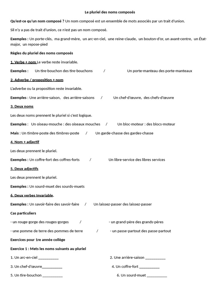 Pluriel des Noms Composés: Règles et Exercices | PDF | Nombre ...