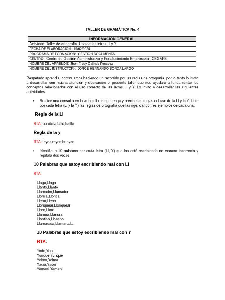 Uso de Ll y Y: Taller de Ortografía | PDF