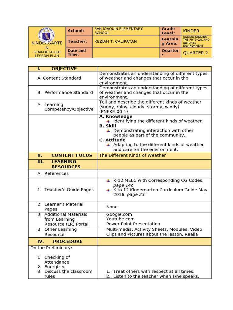 CO 1 Lesson Plan Ma'am Josephine | PDF | Learning | Teachers